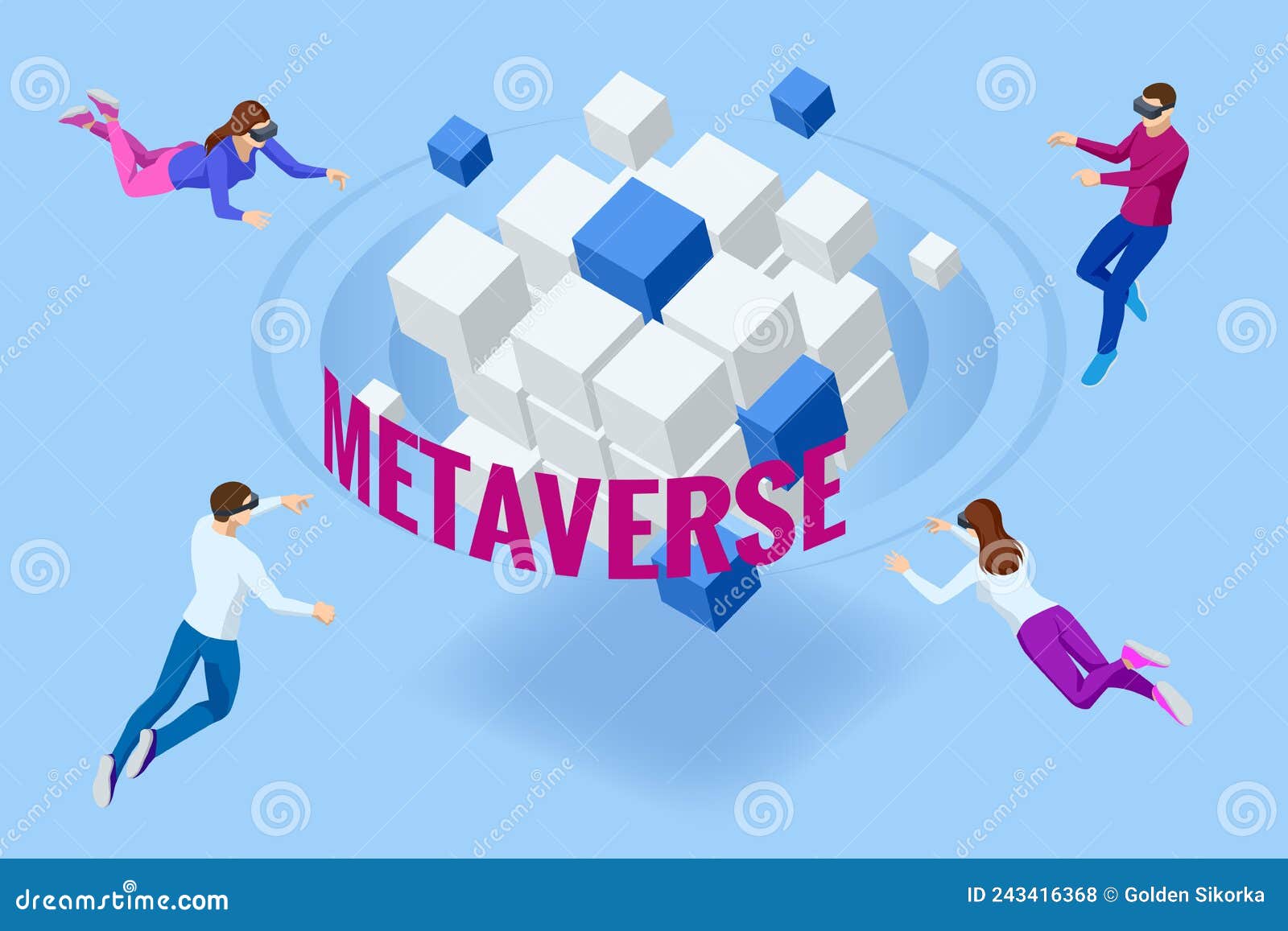 Isometric Metaverse Concept. Network of 3D Virtual Worlds Focused on ...