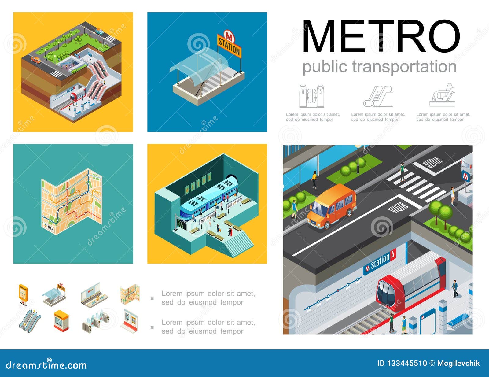 Isometric Metro Elements. Subway Escalator, Turnstile, Info Desk With ...