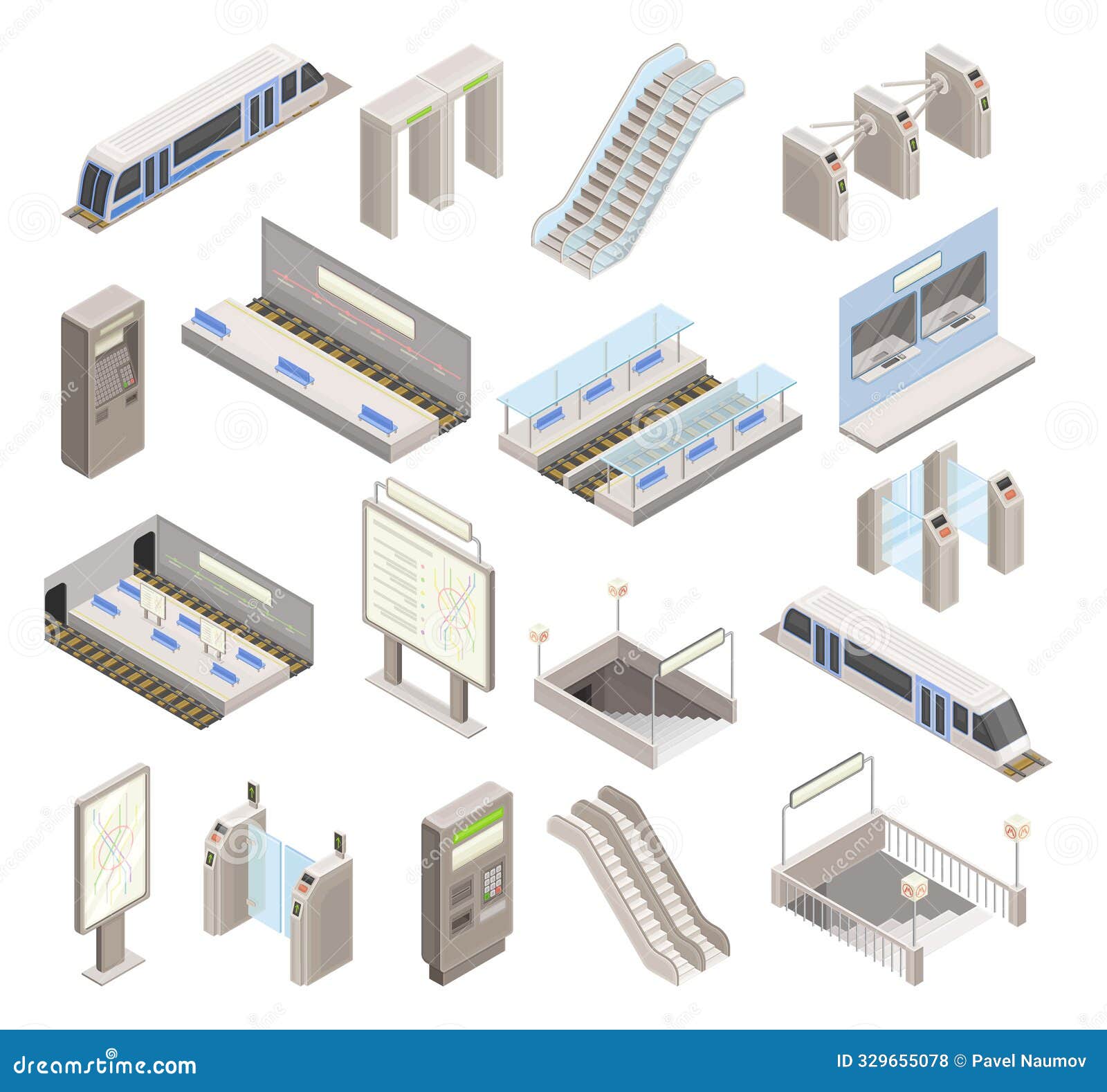 Isometric Metro Station Element Collection with Train, Escalator and ...