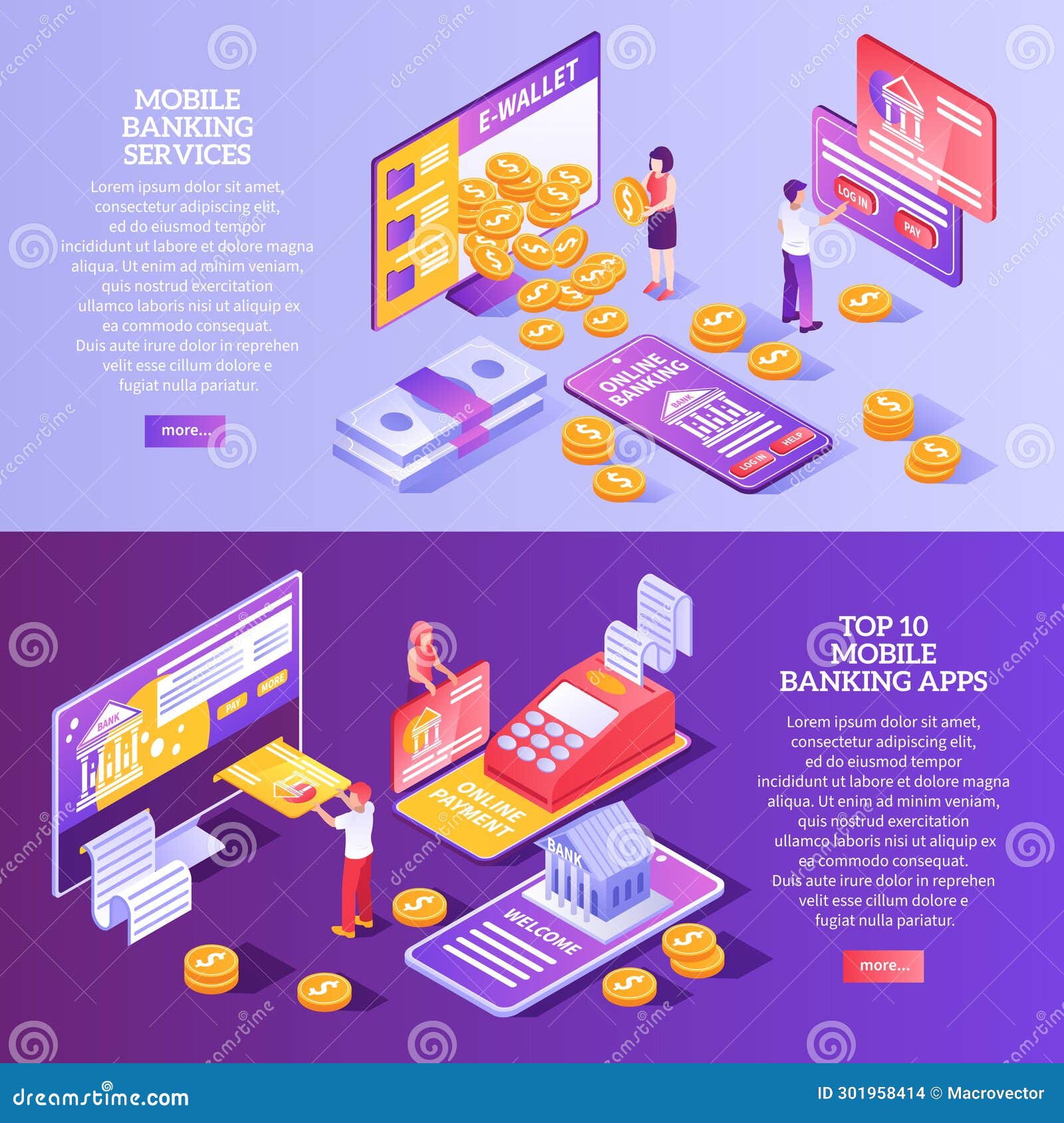 Isometric Mobile and Digital Banking Services Horizontal Banner ...