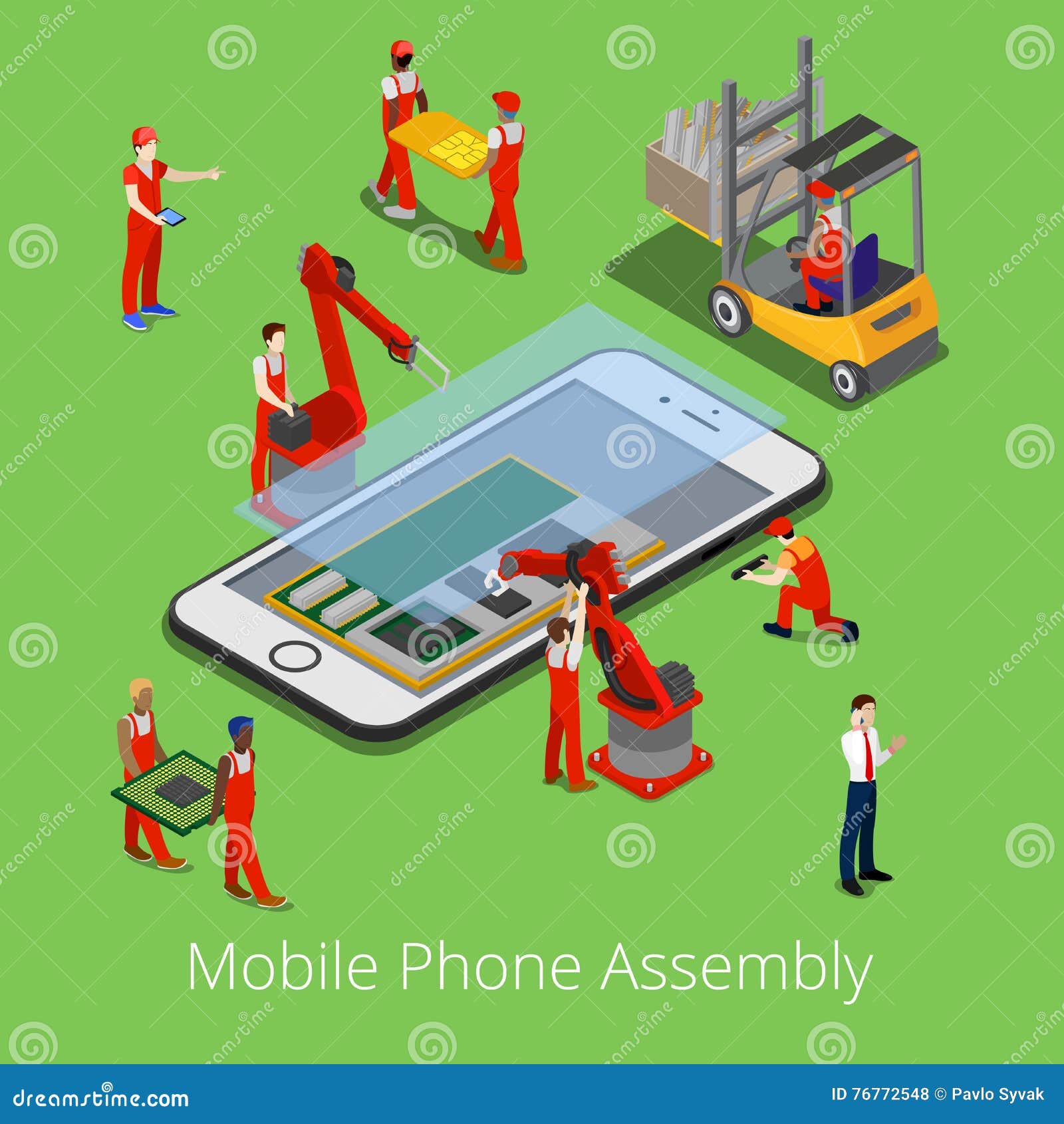 Isometric Mobile Phone Assembly Process. Flat 3d Workers Mounted ...