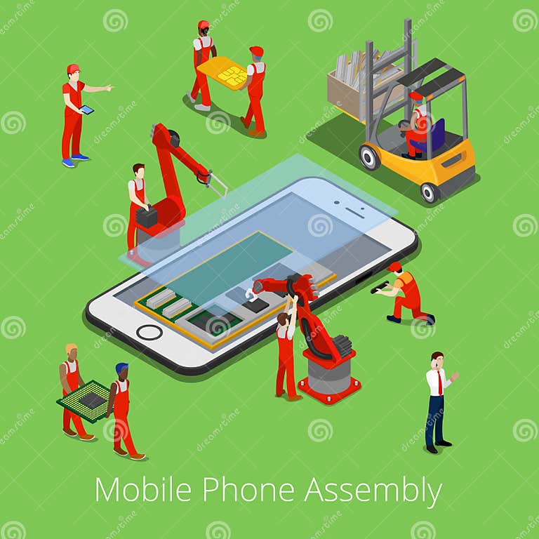 Isometric Mobile Phone Assembly Process. Flat 3d Workers Mounted ...