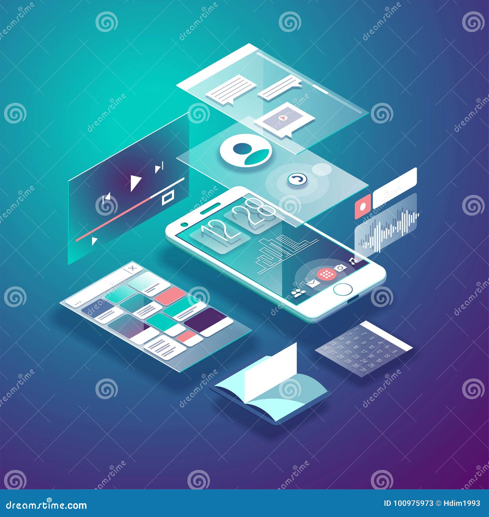 Set Isometric Mobile Apps Front End Development Rgb And Cmyk Color Mixing And Ui Ux Design
