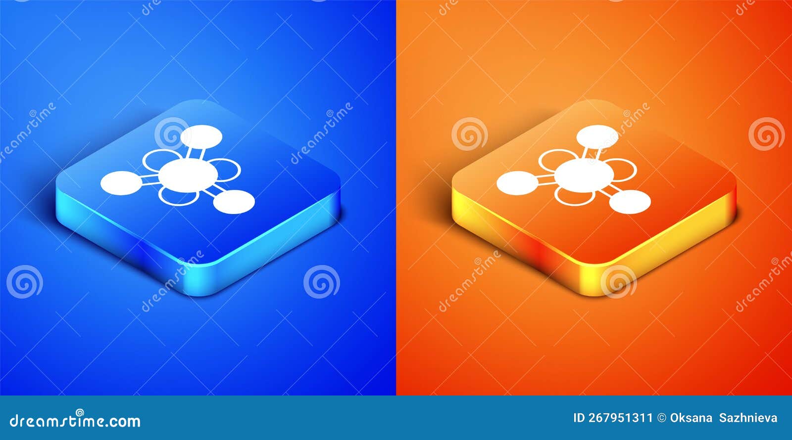 Isometric Molecule Icon Isolated on Blue and Orange Background ...