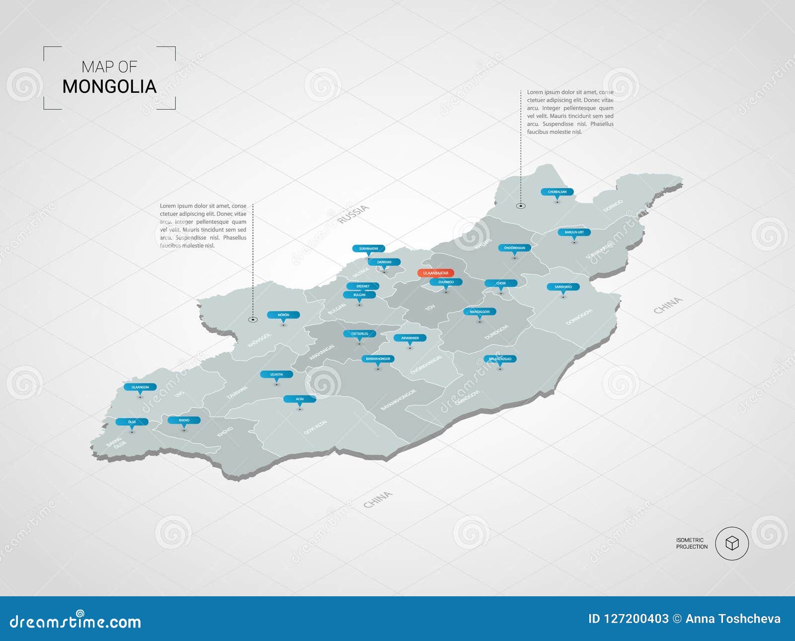 Isometric Mongolia Map with City Names and Administrative Divisions ...