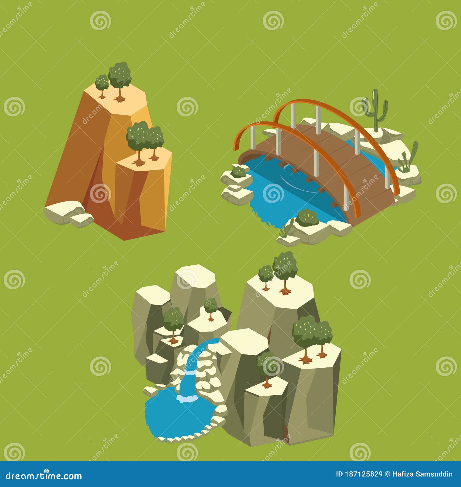 Isometric Mountain Lake and Bridge. Vector Illustration Decorative ...
