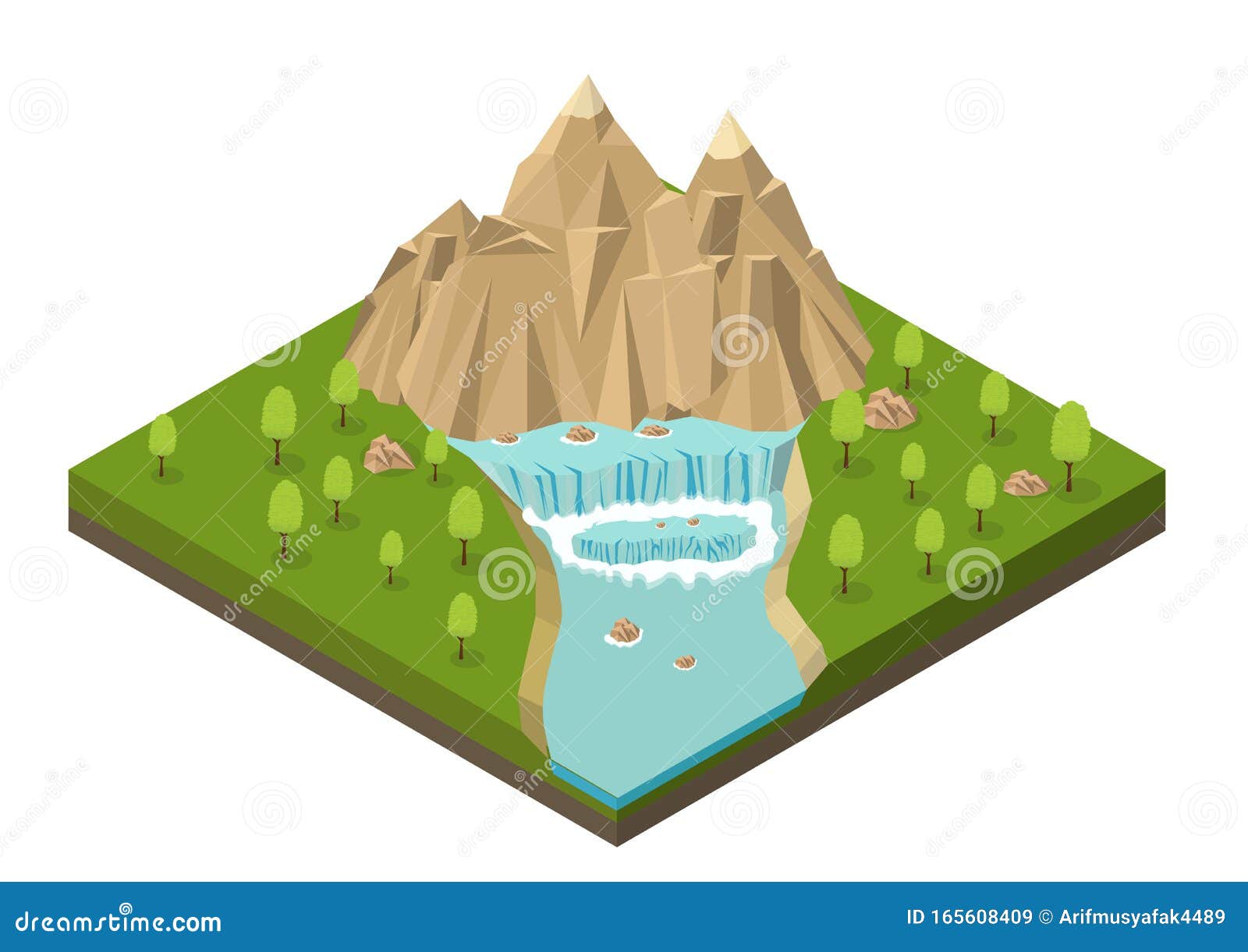 Isometric Mountains with Waterfall, River, and Trees Stock Vector ...