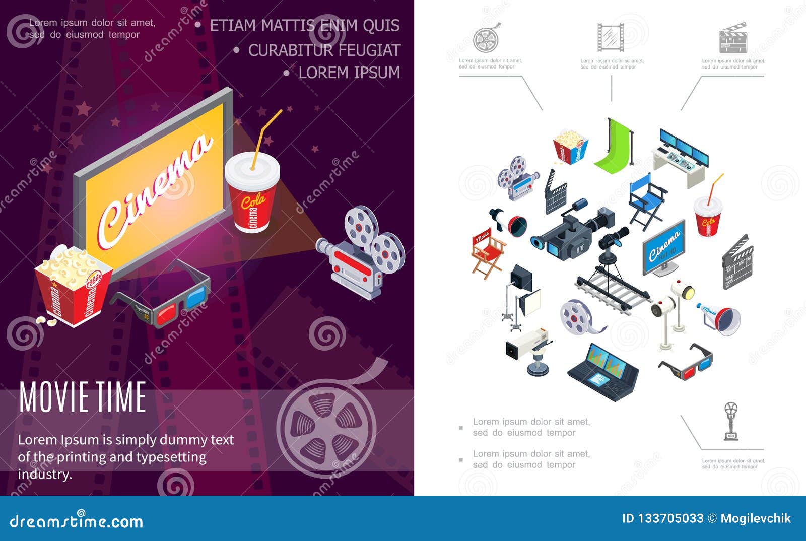 Set Isometric Movie Spotlight, Cinema Ticket, VHS Video Cassette Tape ...