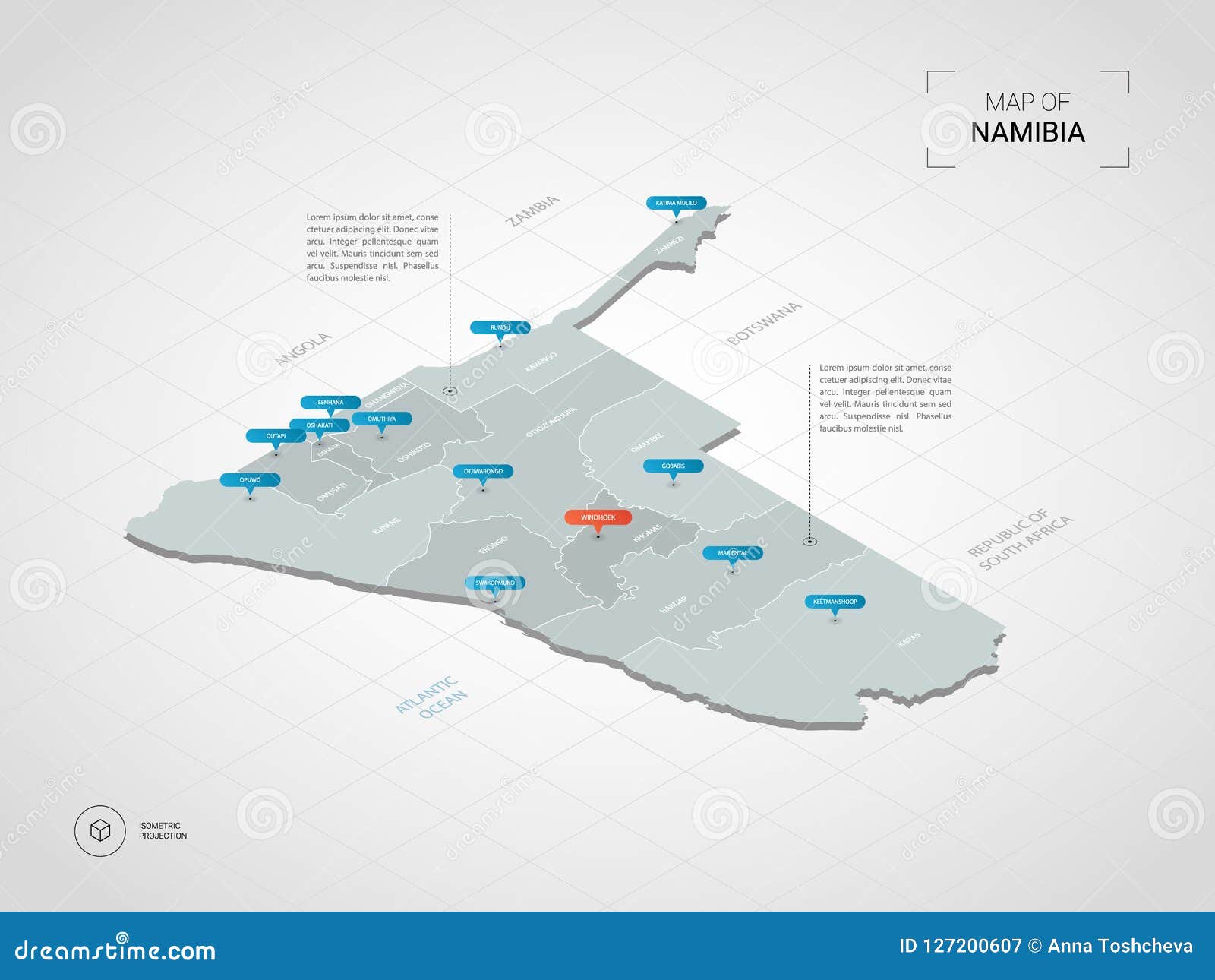 Isometric Namibia Map with City Names and Administrative Divisions ...