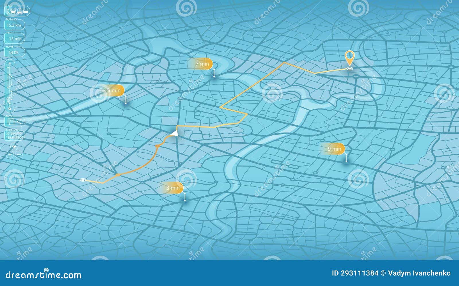 Isometric Navigate Mapping Technology for Distance Data, Path Turns. Abstract Map with Unique ...