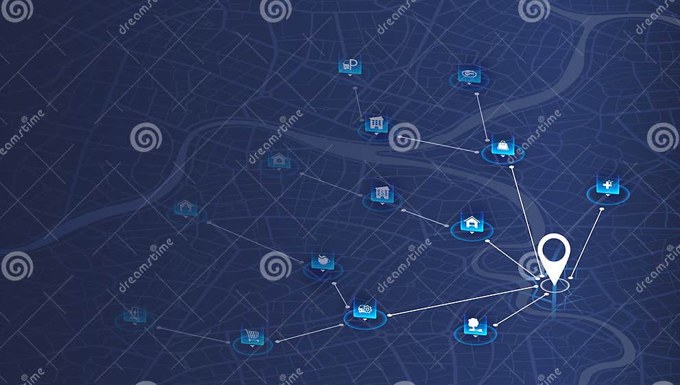Isometric Navigate Mapping Technology for Distance Data, Path Turns. Abstract Map with Unique ...