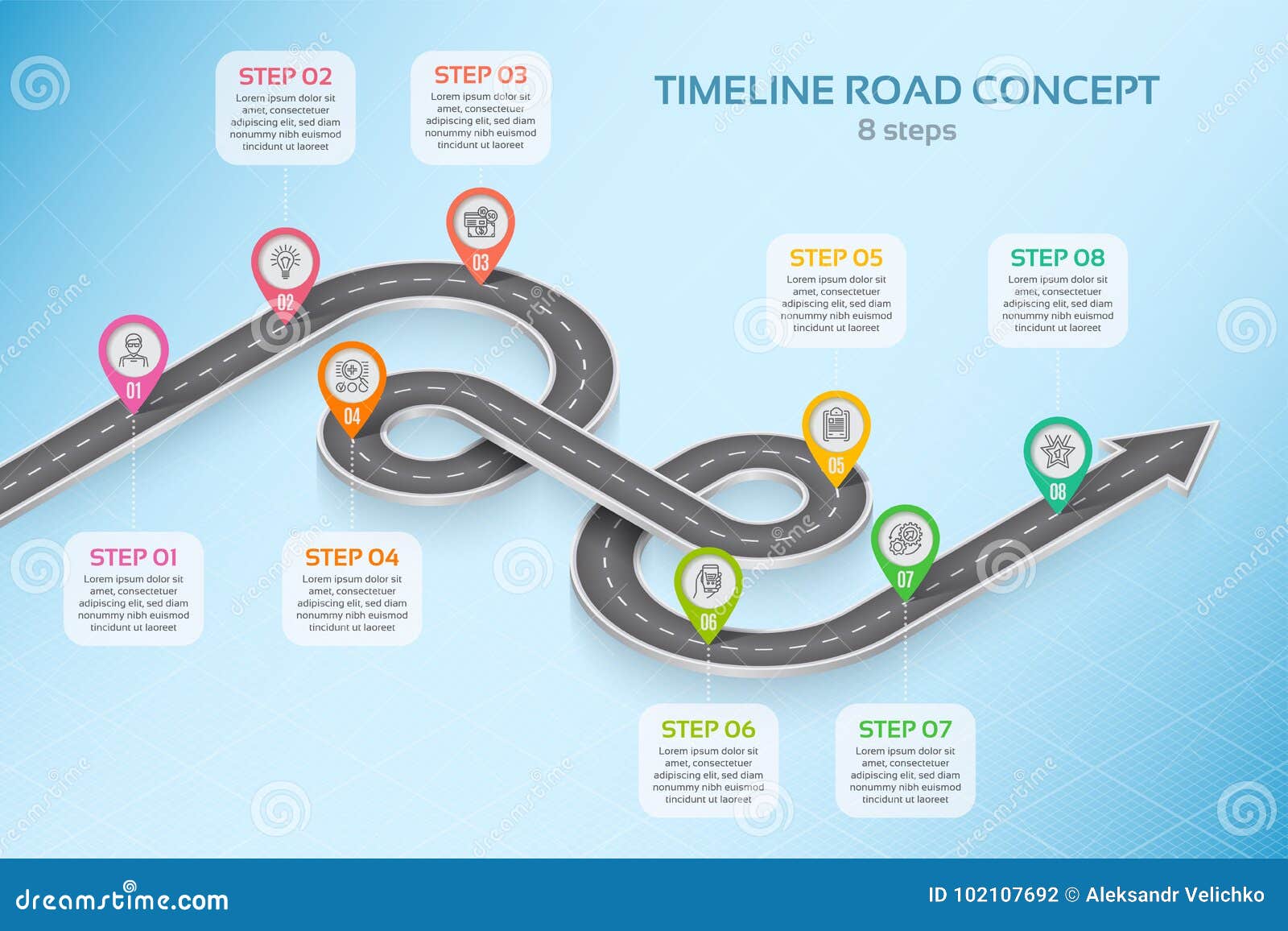 Road Map Timeline Infographic Template With 5 Colorful Pin Pointers On ...