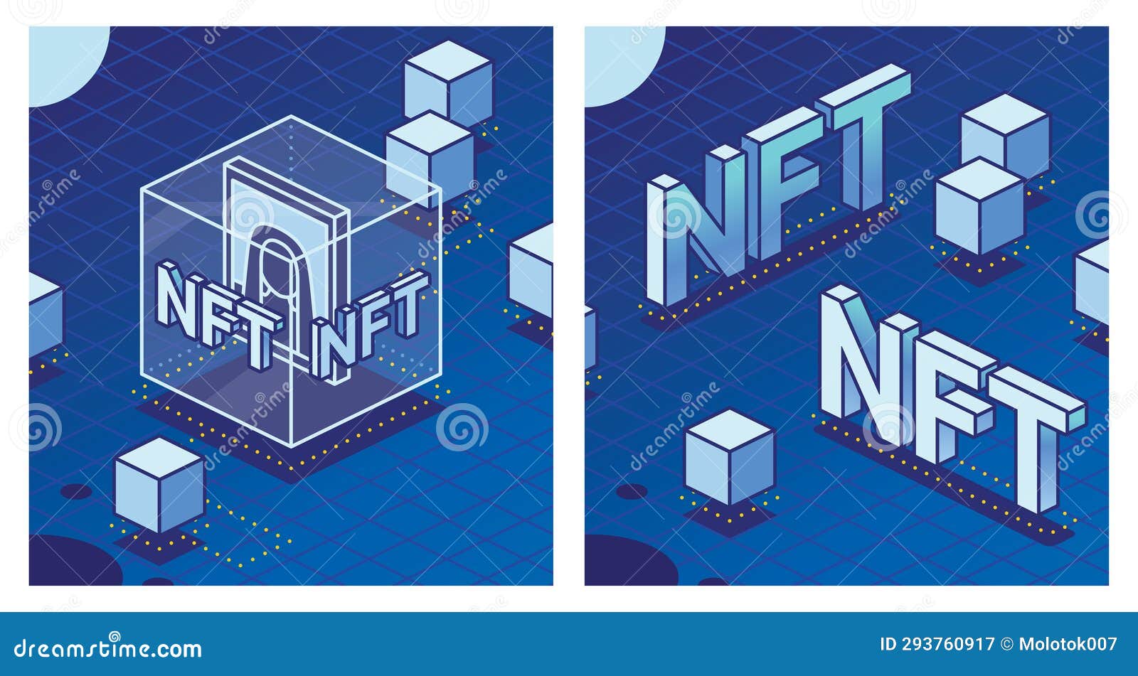 Isometric NFT. Artwork Inside of Transparent Cube. Blockchain ...
