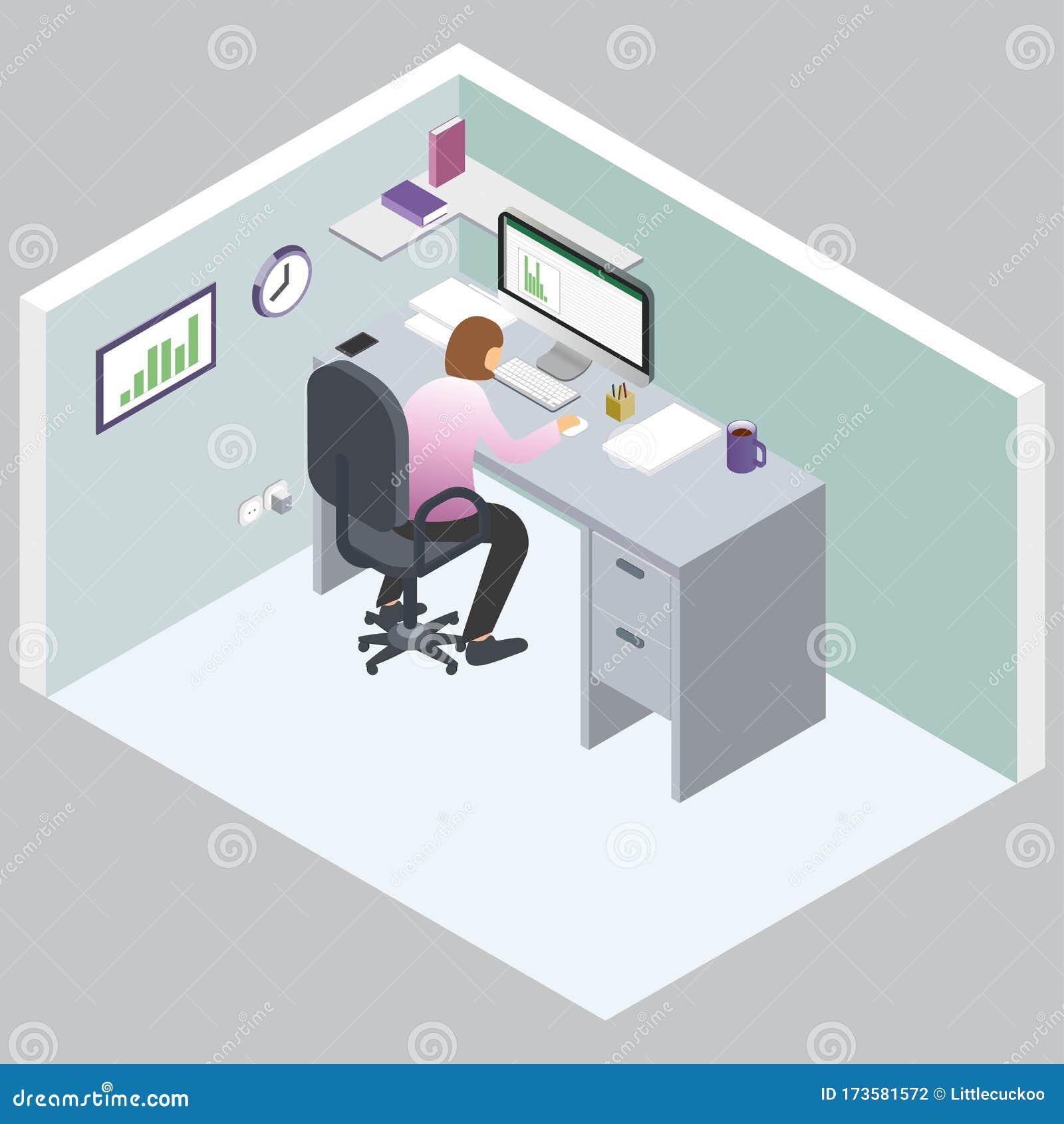 Isometric Office 3d Vector Illustration. a Woman Working on the ...