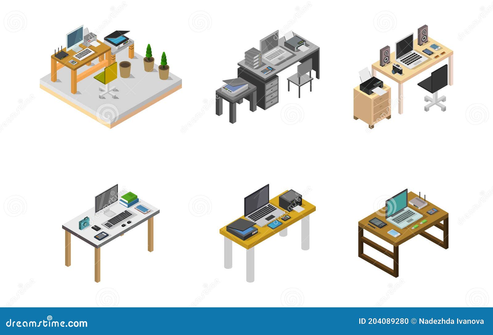 Isometric Office Desk Set on Background Vector Illustration Stock ...