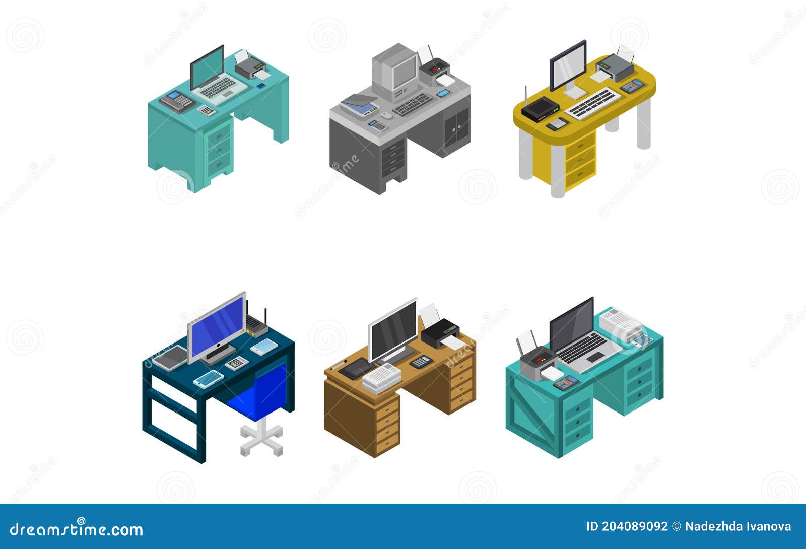 Isometric Office Desk Set Vector Illustration Stock Illustration ...