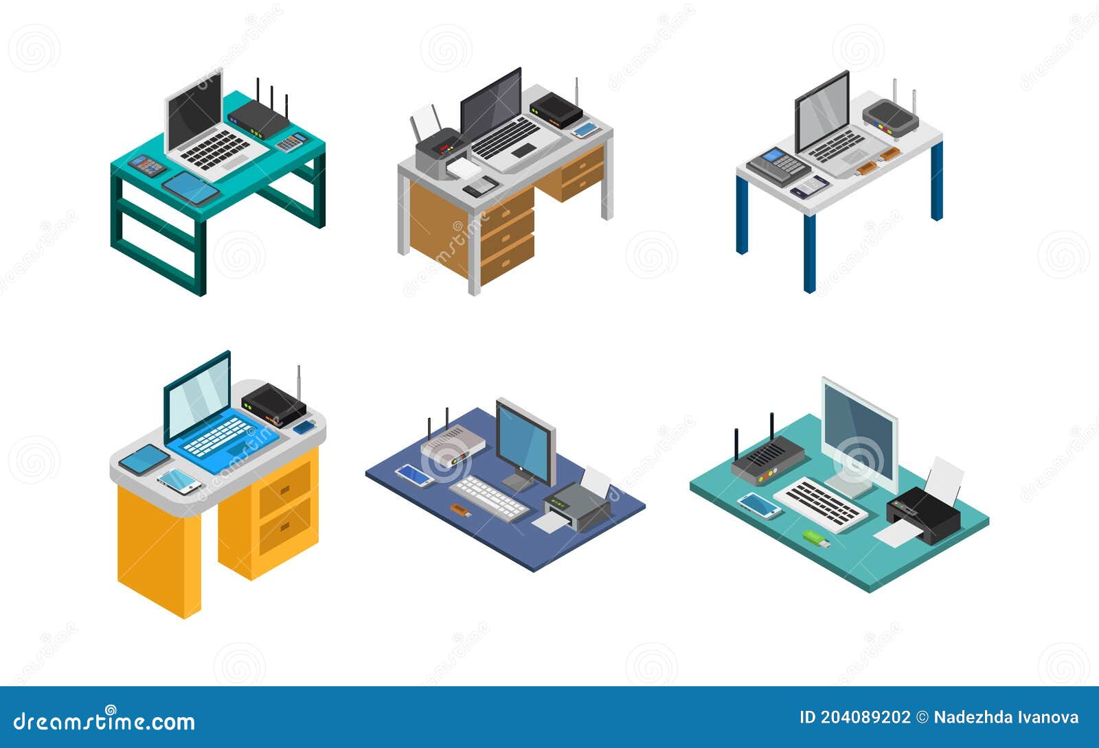 Isometric Office Desk Set Vector Illustration Stock Illustration ...