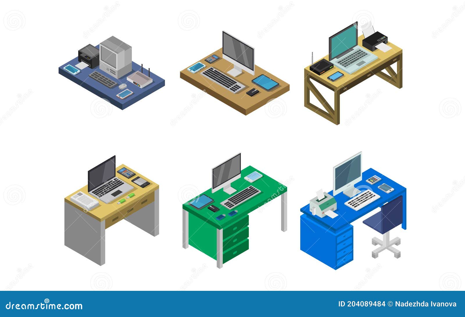 Isometric Office Desk Set Vector Illustration Stock Illustration ...