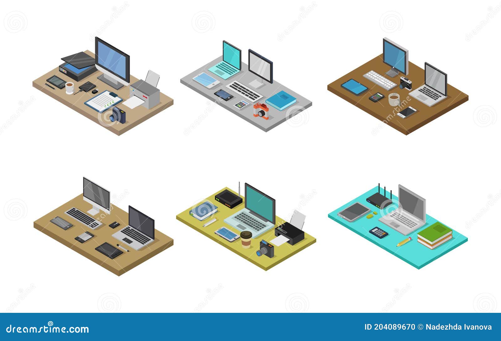 Isometric Office Desk Set Vector Illustration Stock Illustration ...
