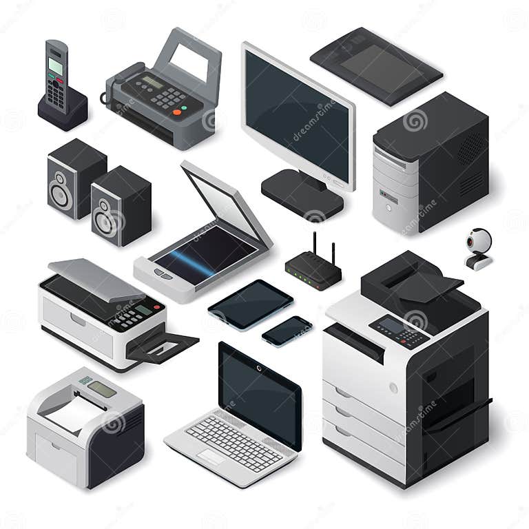 Isometric Office Equipment Vector Set. Stock Vector - Illustration of ...