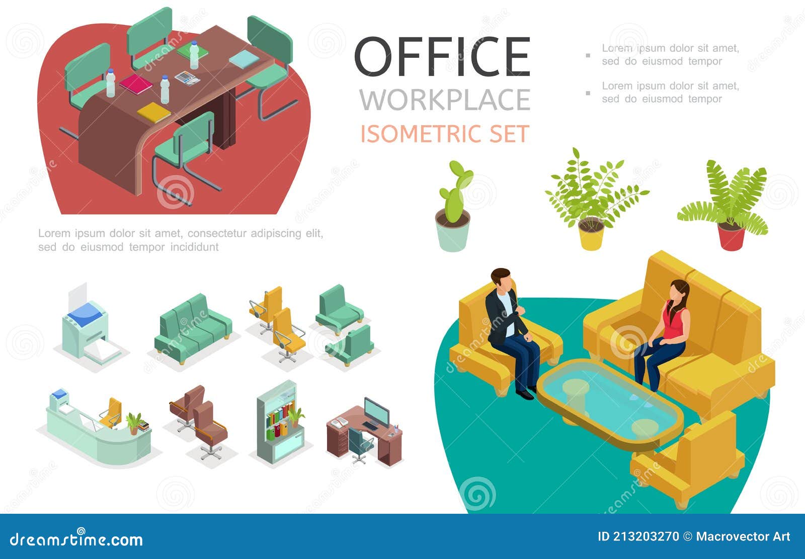 Isometric Office Interior Elements Set Stock Vector - Illustration of ...