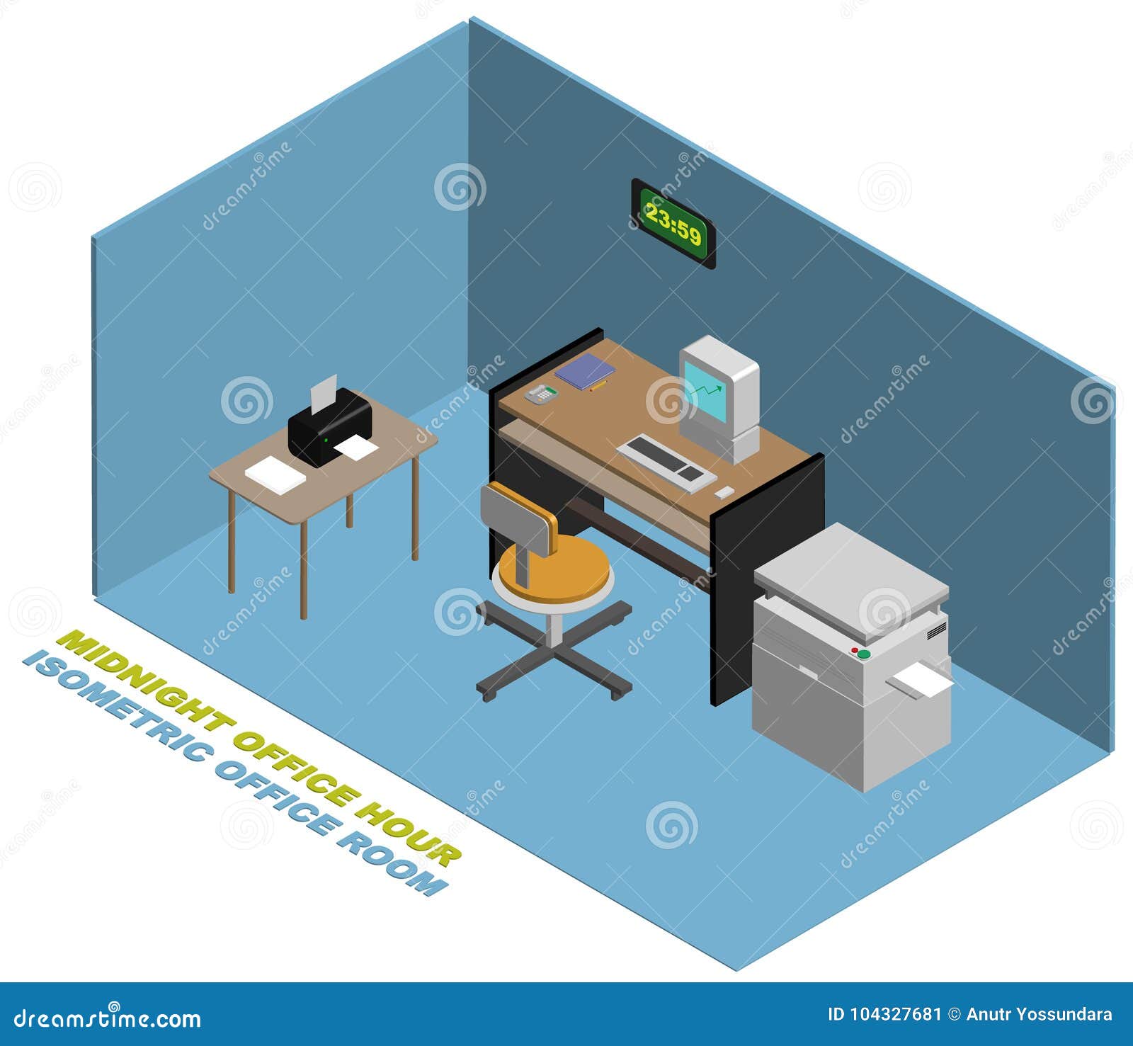 Isometric Office at Midnight with Computer Desk Printer Photocopy ...