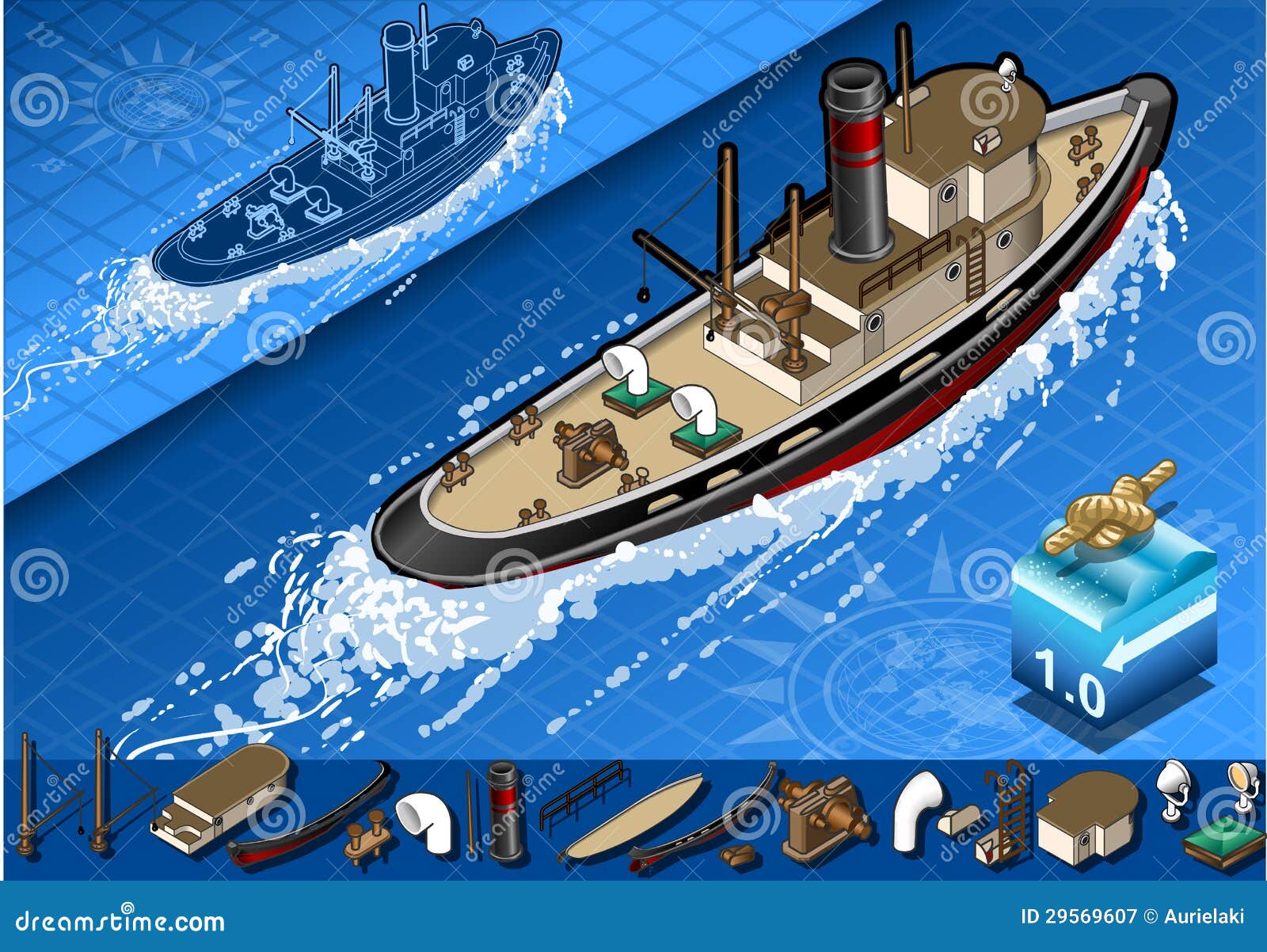 Isometric Old Tugboat in Navigation in Rear View Stock Vector ...