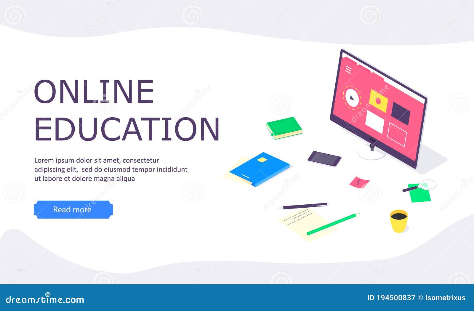 Isometric Online Education Study Web Template Computer Learn and Book ...