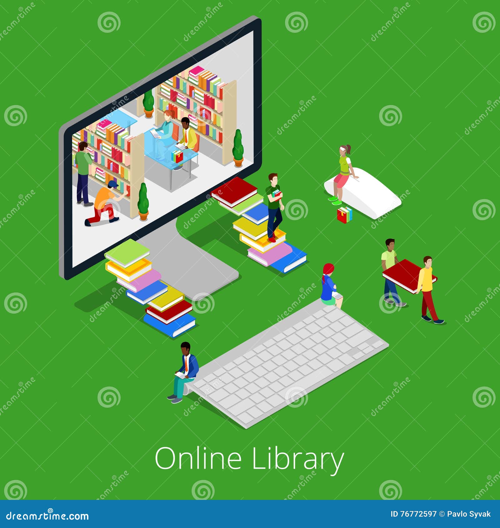 Isometric Online Library. People Reading Books Inside Computer Stock ...