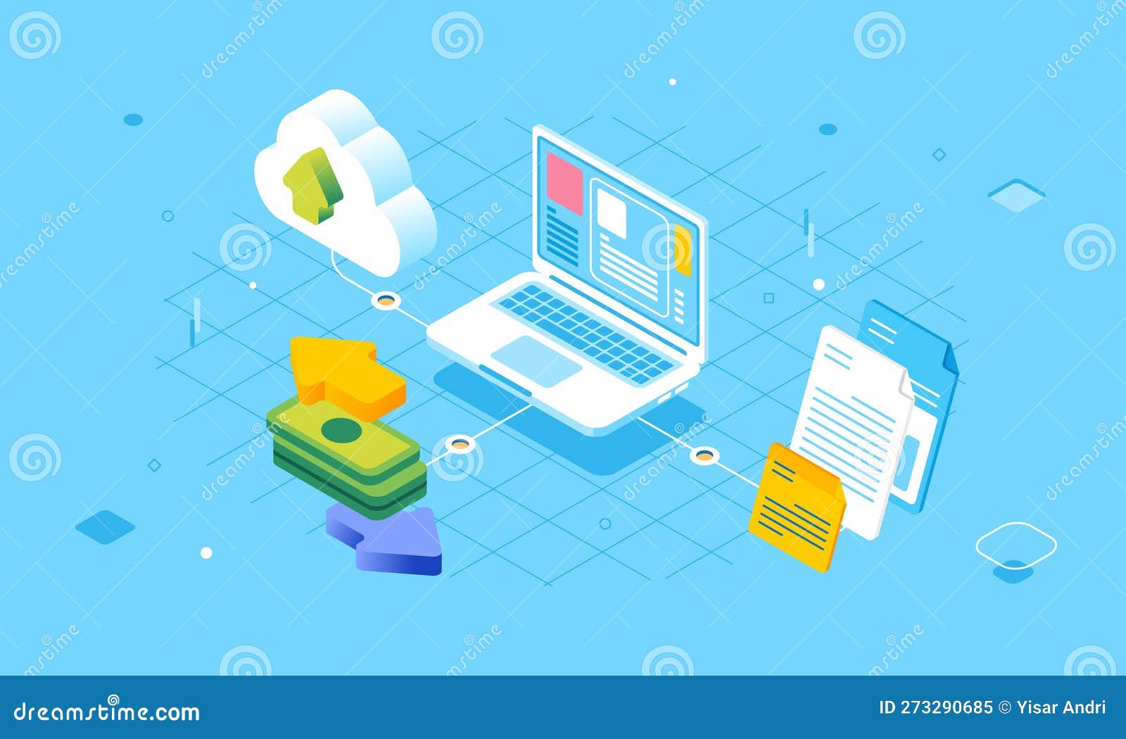 Isometric Online Network Transfer Payment, Document, Cloud Computing ...