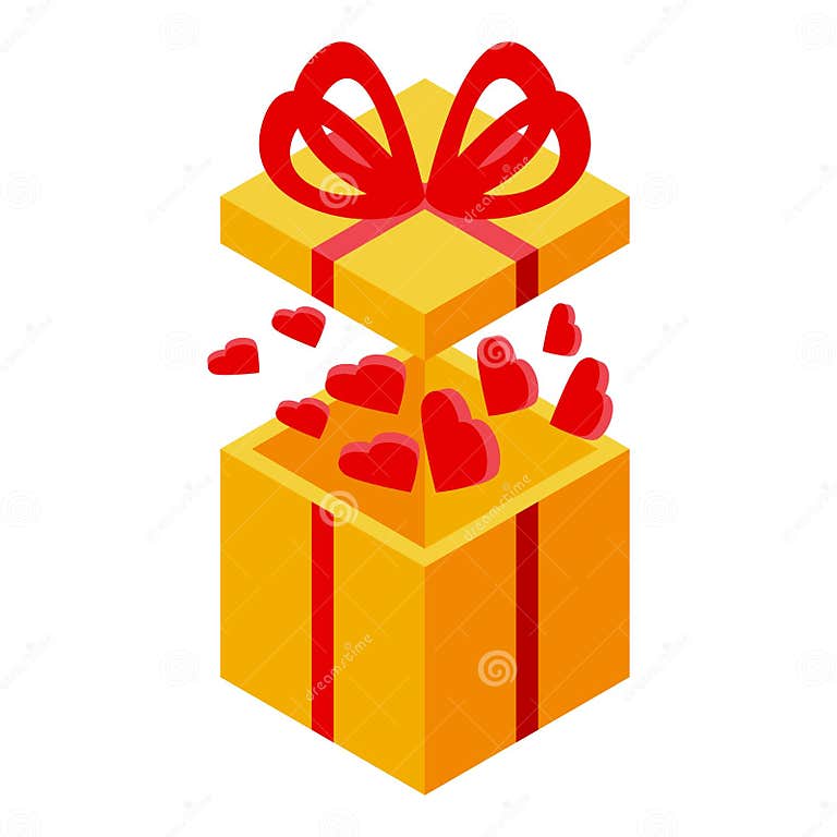 Isometric Open Gift Box Exploding with Love Hearts Stock Illustration ...