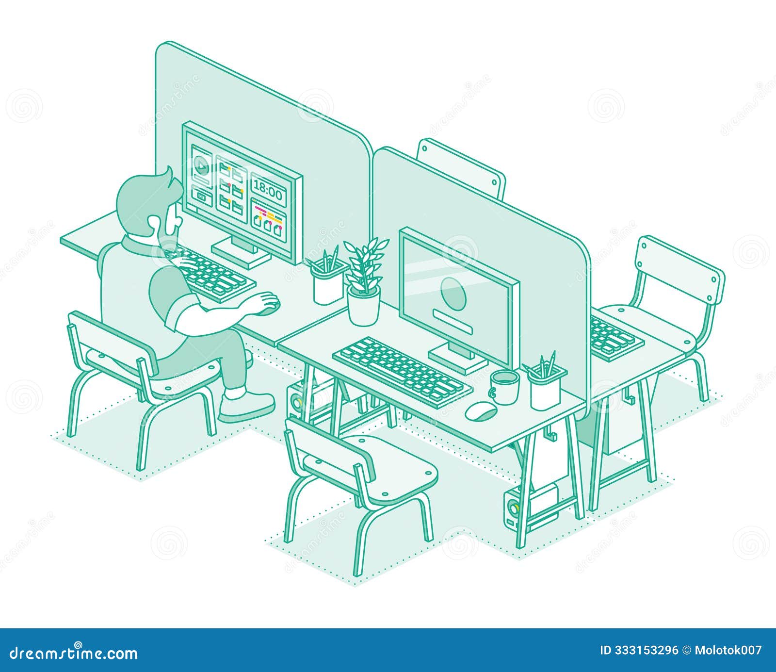 Isometric Open Space Office Isolated on White Background. Outline ...