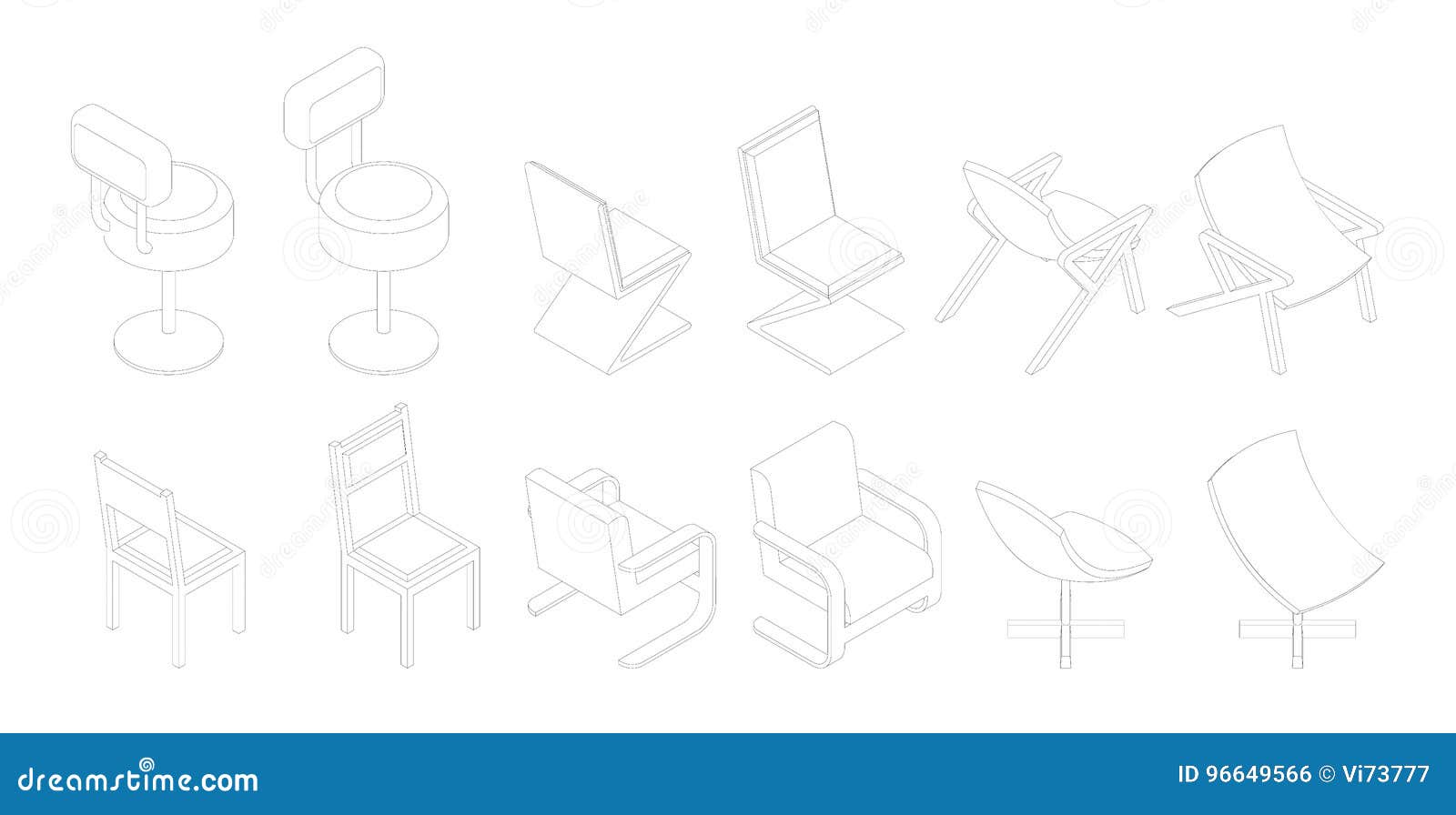 Isometric Outline Chairs Set. Bar, Office Chair. Stock Vector ...