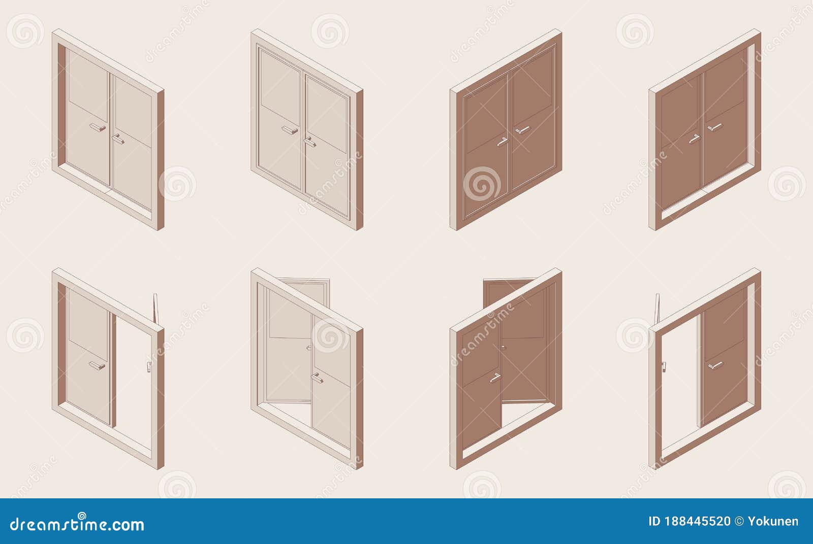 Isometric Outline Set of Closed and Open Double Doors Stock ...