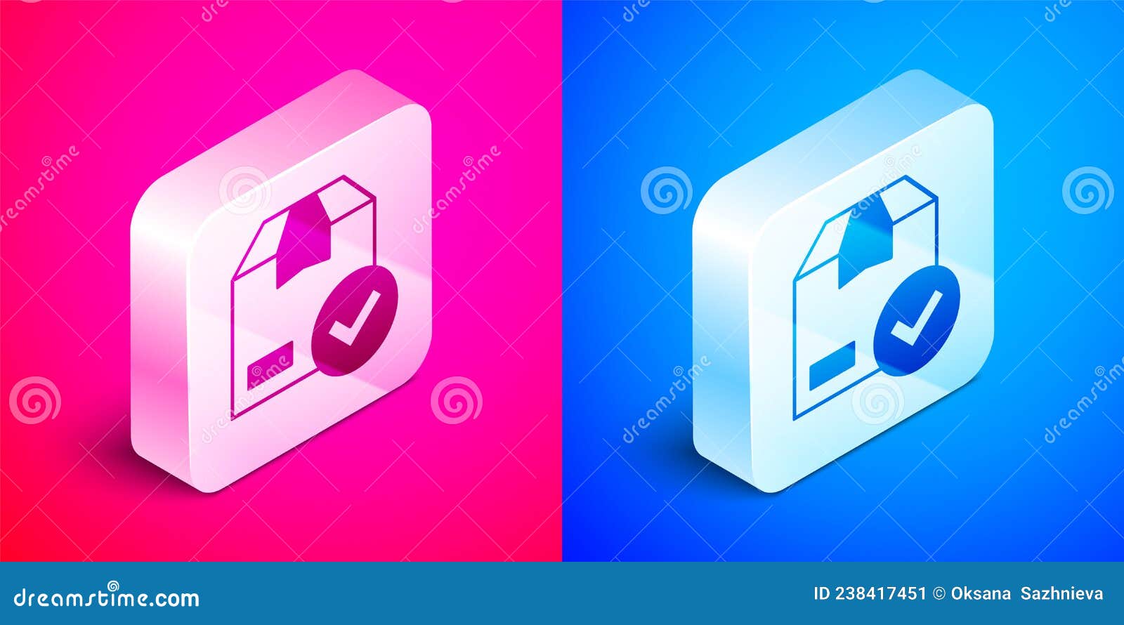 Isometric Package Box With Check Mark Icon Isolated On Pink And Blue ...