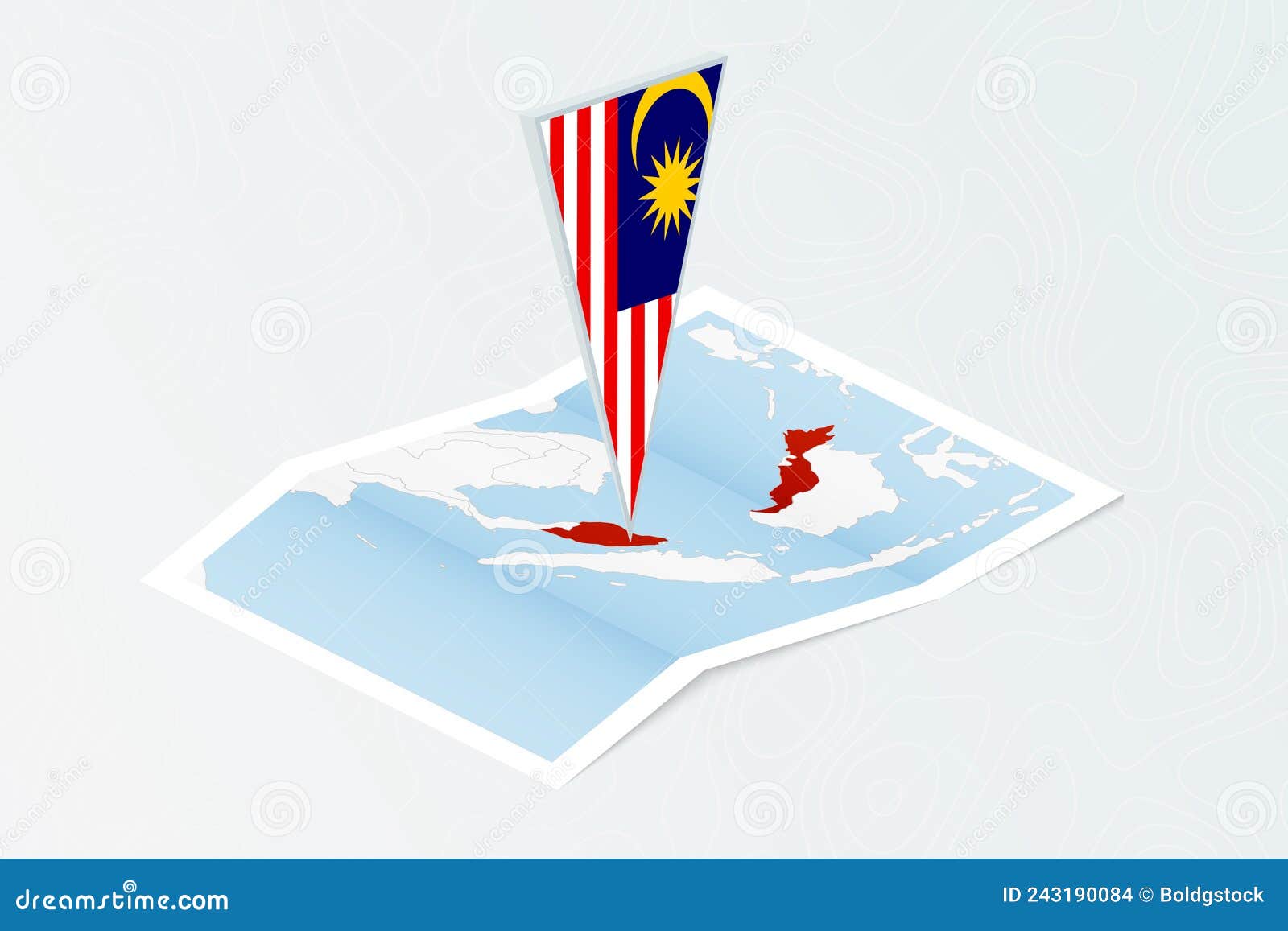 Isometric Paper Map Of Malaysia With Triangular Flag Of Malaysia In