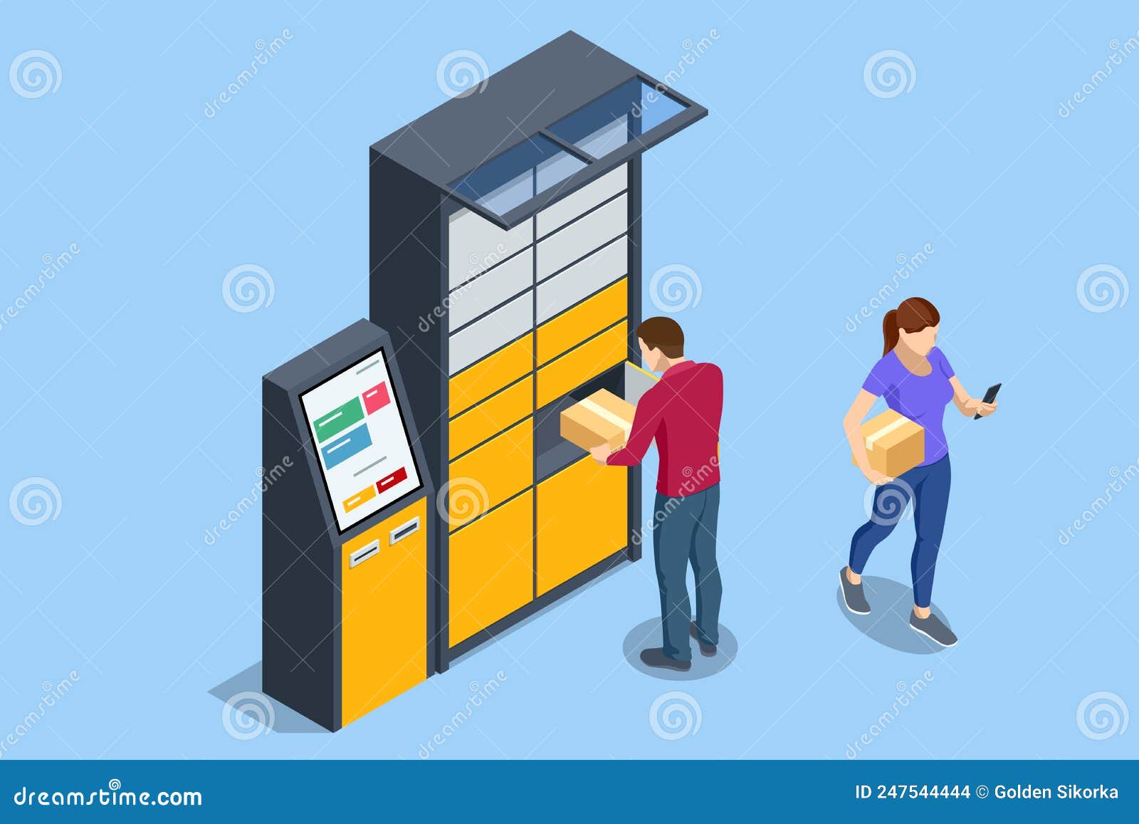 Isometric Parcel Locker. Postman and Locker with Digital Panel for ...
