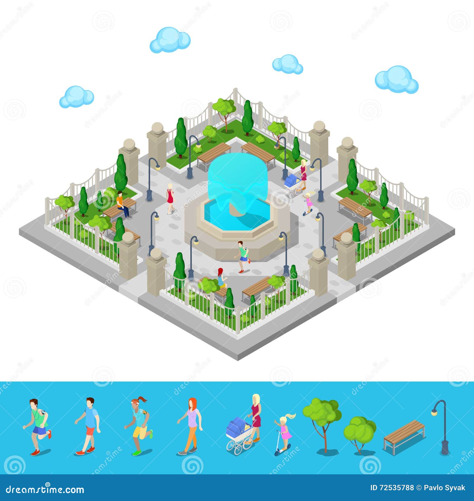Isometric Park Vector Illustration. Cartoon 3d City Nature Map ...