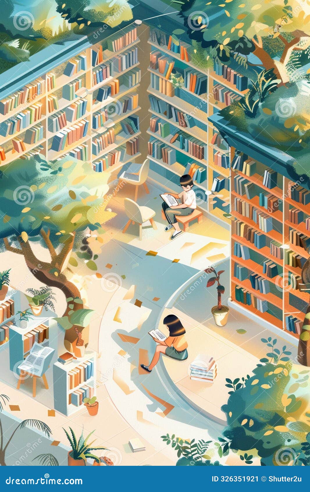 Isometric Pastel Library with a Cute Welcoming Design and Tiny Figures ...