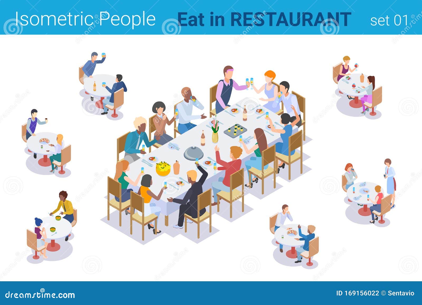 Isometric People Sitting at Table Eating and Talking in Restaurant Flat ...
