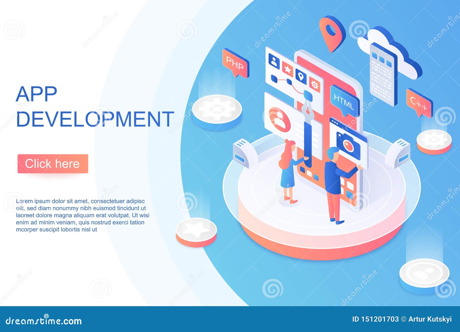 Isometric People Standing on Stage and Developing Digital App ...