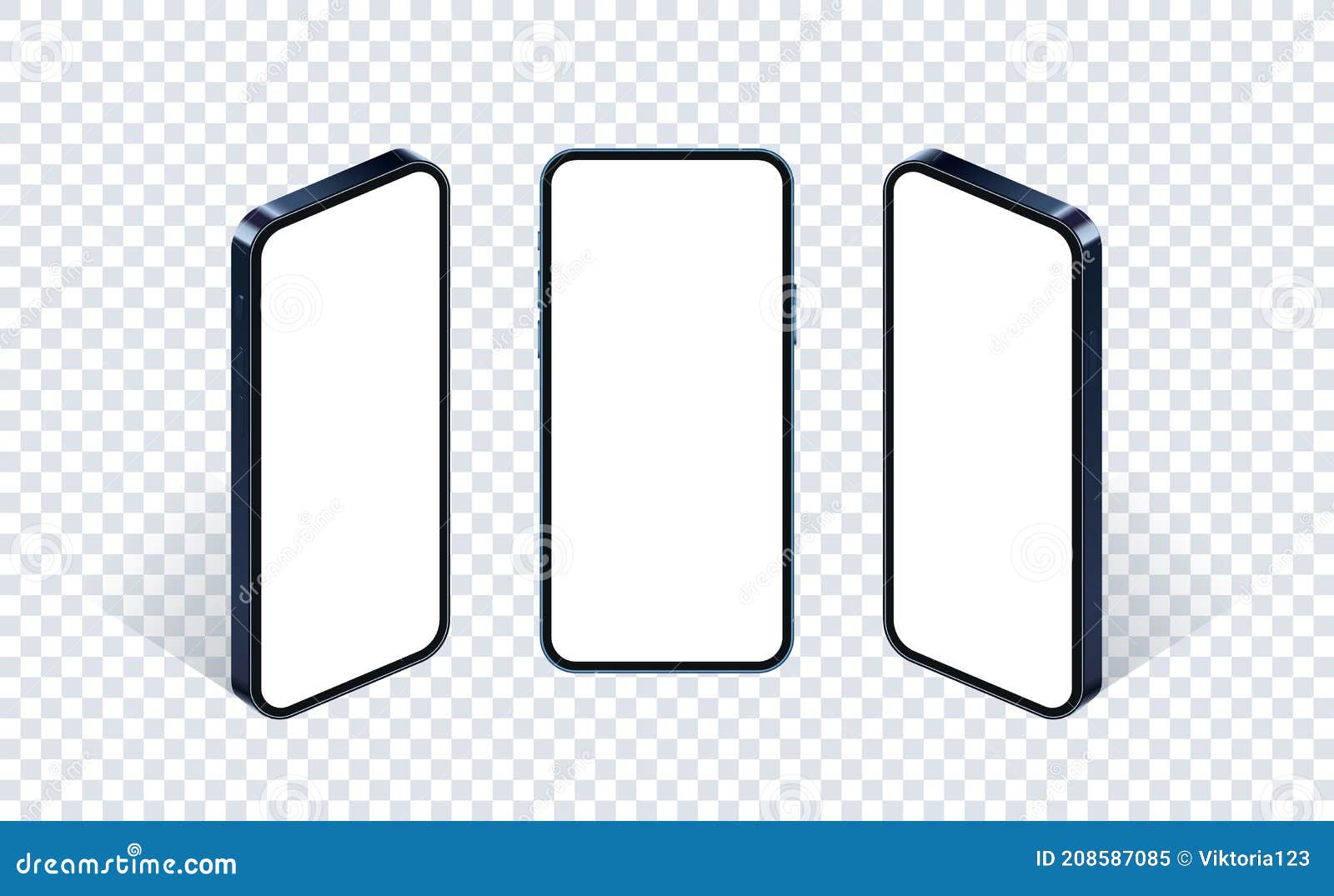 Isometric Phone Mockup, Set of Glass Blue Smartphone Isolate in ...