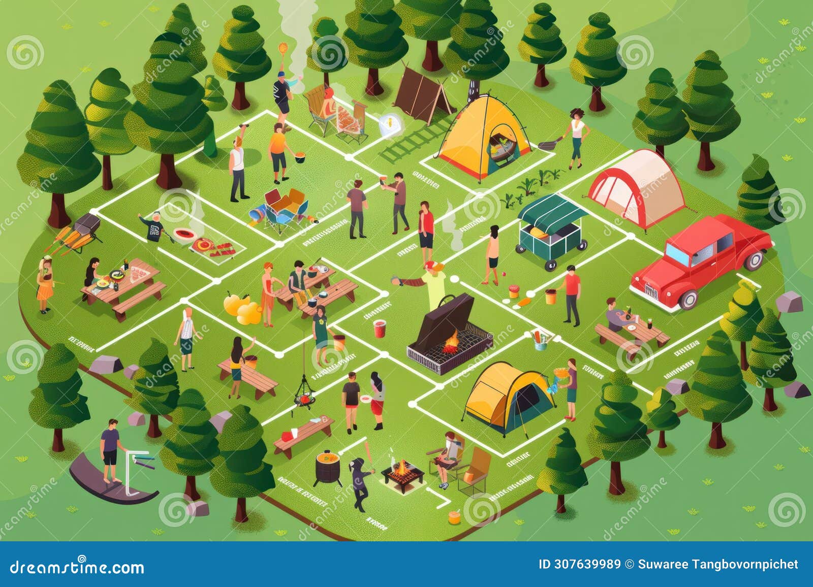 Isometric Picnic Barbeque Flowchart Template with People Having Lunch ...