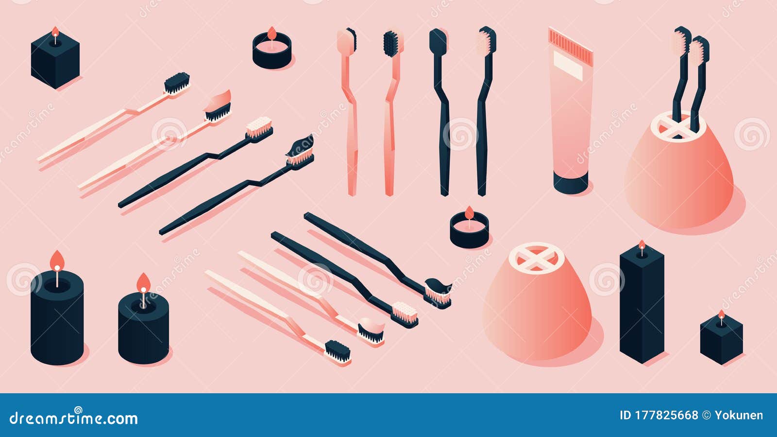 Isometric Pink and Black Toothbrush and Toothpaste Collection Stock ...
