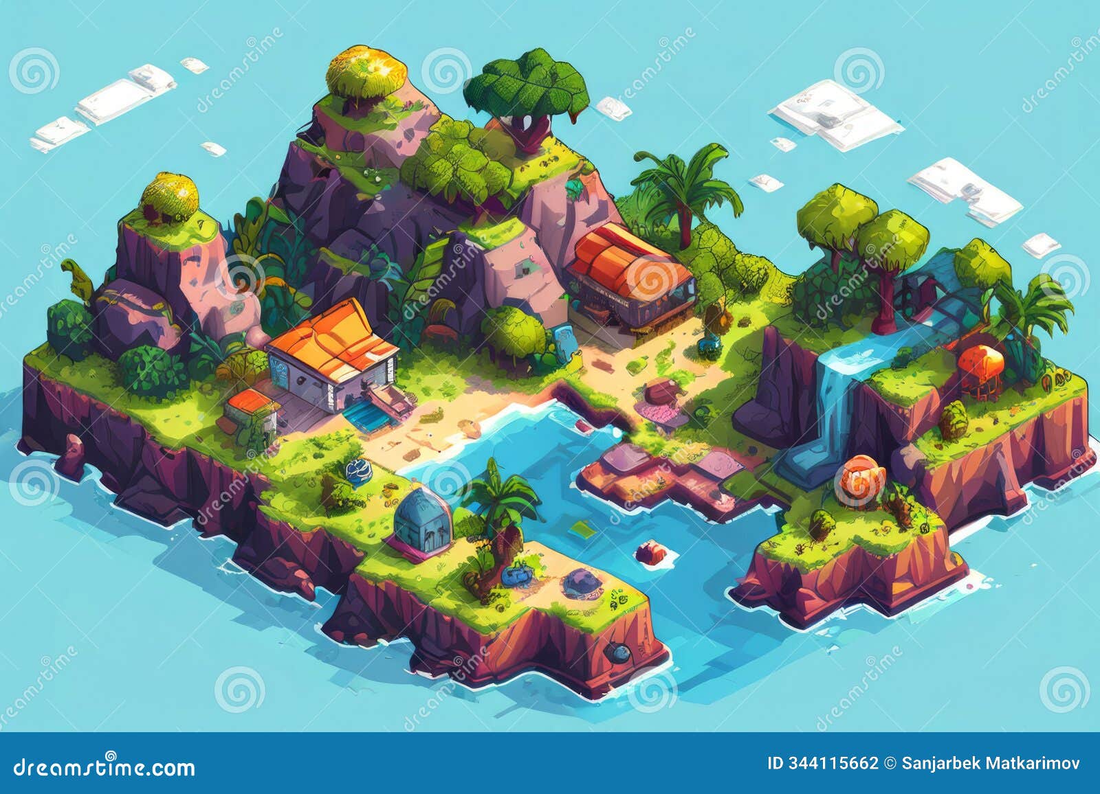 Isometric Pixel Art of a Colorful Island with Various Biomes Stock ...