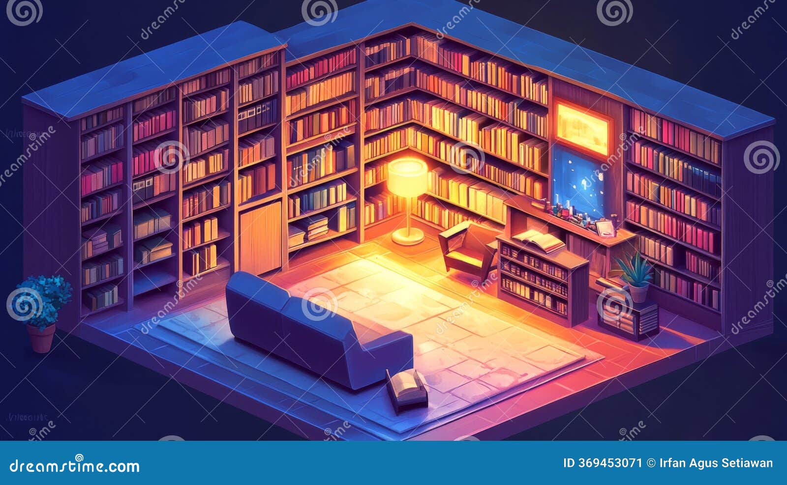 Isometric Pixel Art Library Interior At Night Royalty-Free Stock ...
