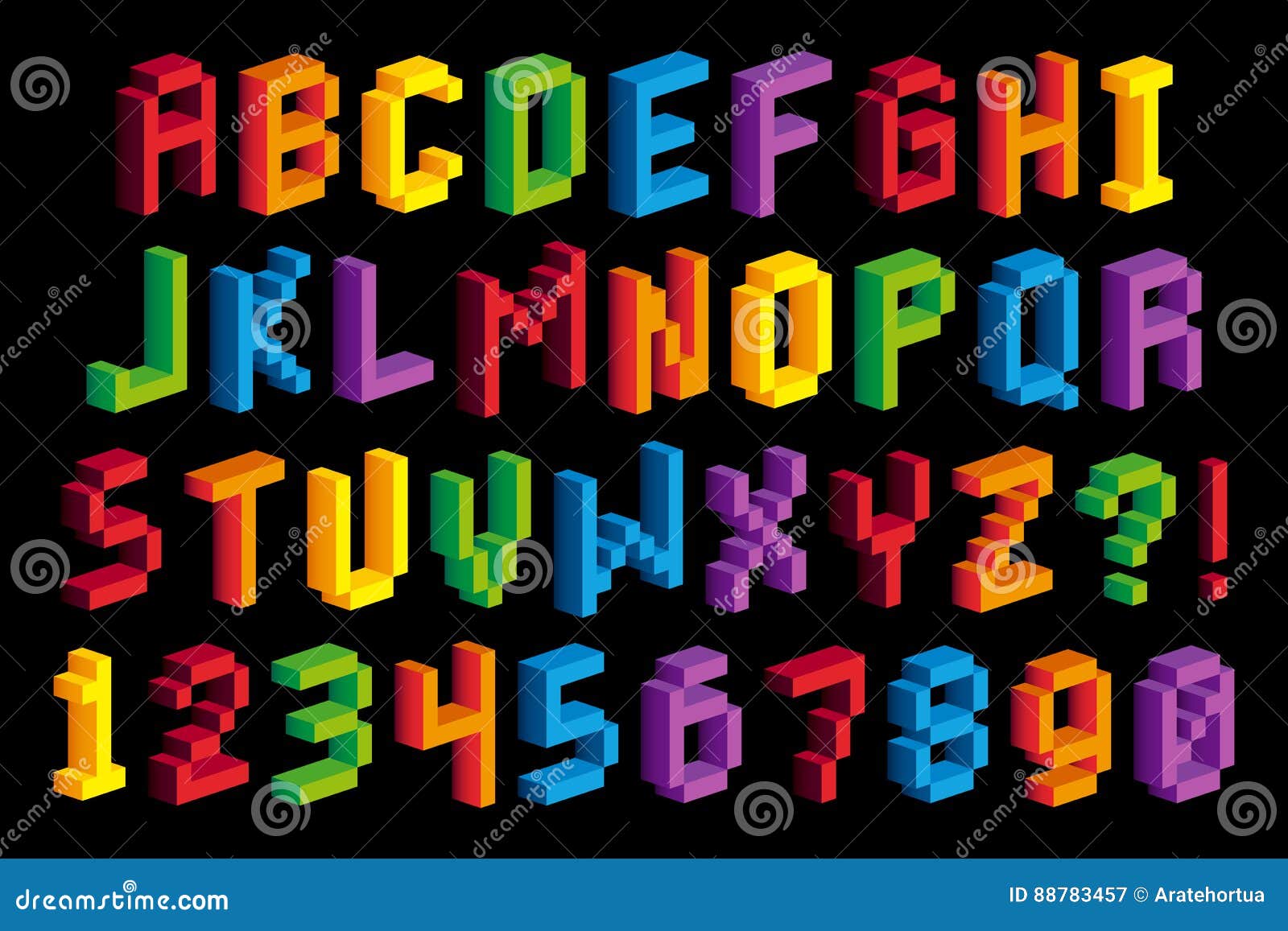 Isometric Pixel 3d Alphabet And Numbers Stock Illustration