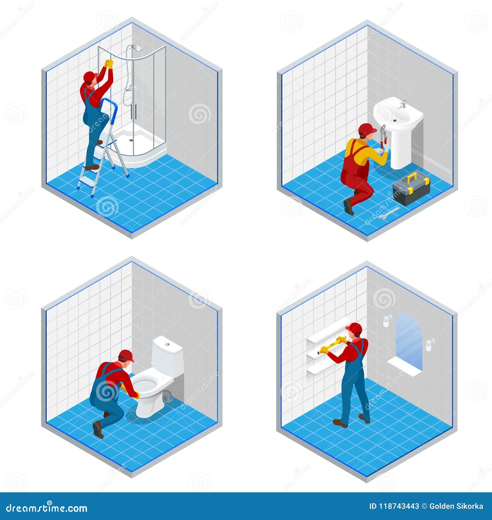 Isometric Plumber or Worker with Tool Belt Standing in Bathroom Set ...