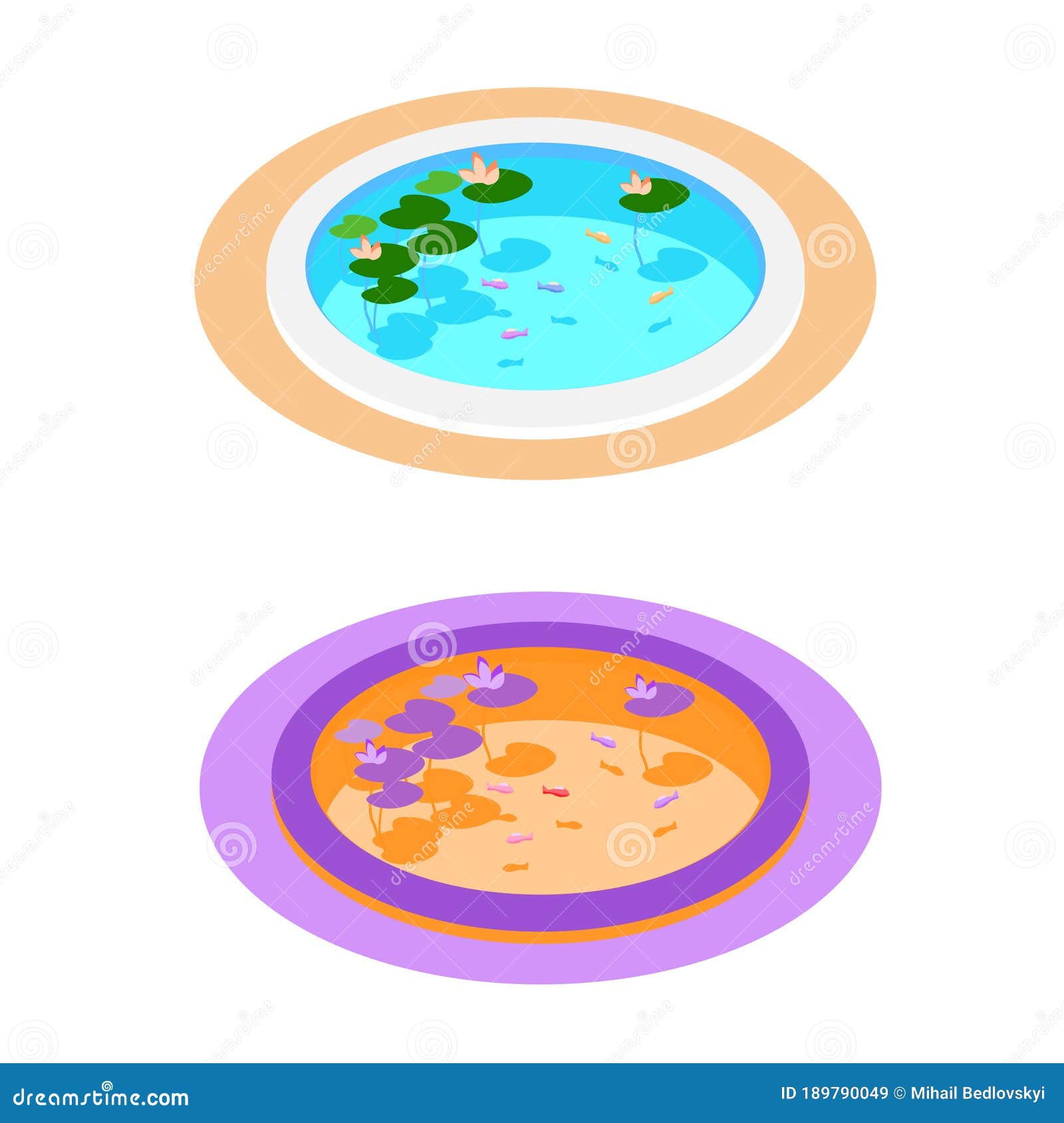Collection of Isometric Pond with Fish and Water Lilies Stock Vector ...