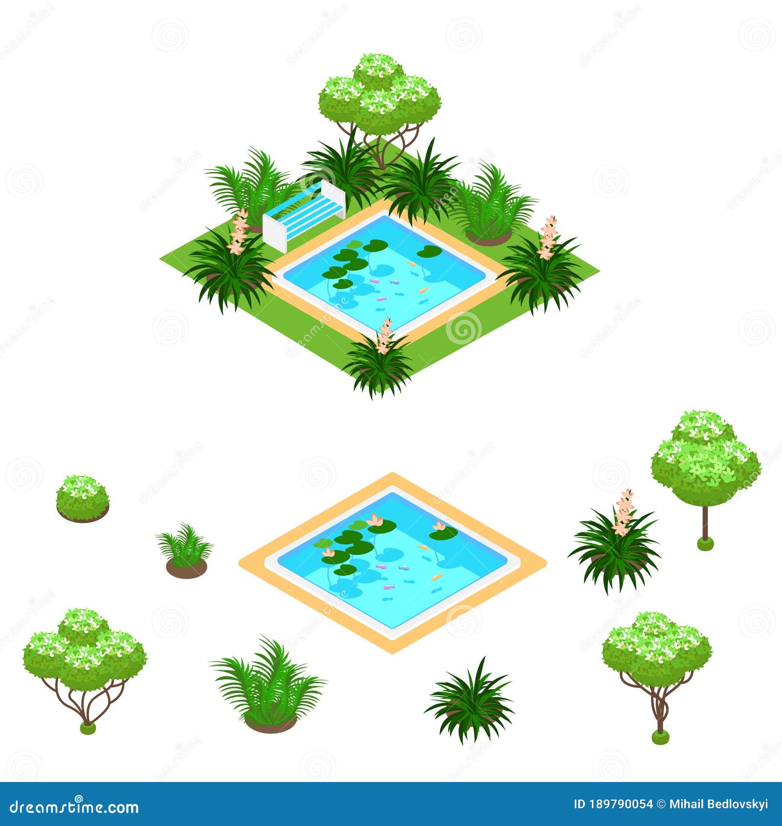 Collection of Isometric Pond with Fish and Water Lilies, Trees, Shrubs ...